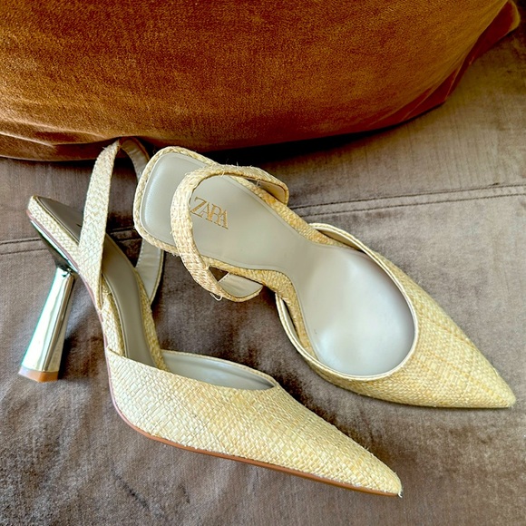 Zara | Shoes | Zara Raffia Sling Backs With Gold High Heels | Poshmark